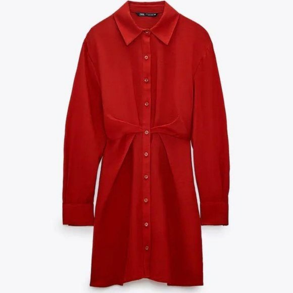 Zara | Dresses | Zara Red Winter Long Sleeve Collared Button Down Mini ...